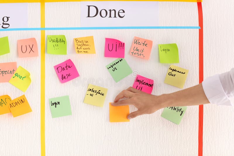 Man Attaching Sticky Note To Scrum Task Board in Office Stock Image ...