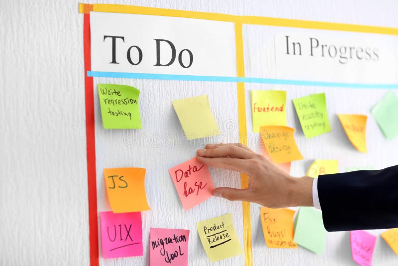 Man Attaching Sticky Note To Scrum Task Board in Office Stock Photo ...