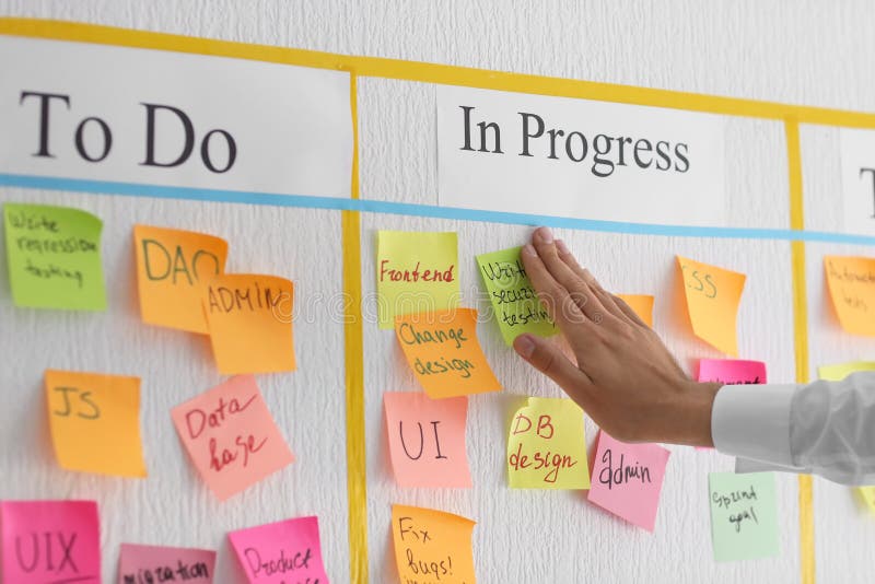 Man Attaching Sticky Note To Scrum Task Board in Office Stock Image ...