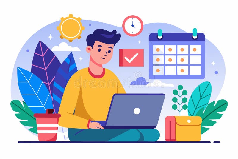 A Man Attentively Uses His Laptop, Checking His Calendar while ...