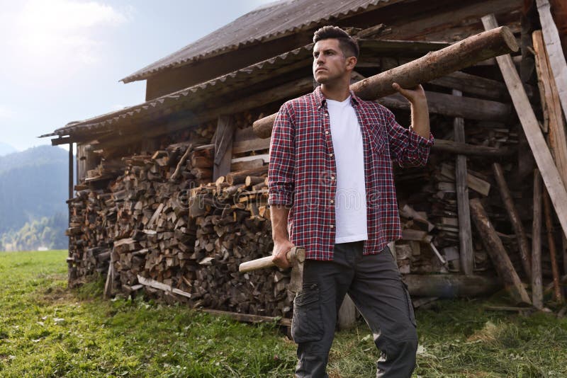 Man with Ax and Log Near Wood Pile Outdoors Stock Image - Image of ...