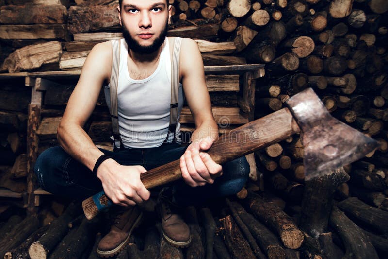 Man with an Ax Near Firewood Stock Stock Image - Image of handsome ...
