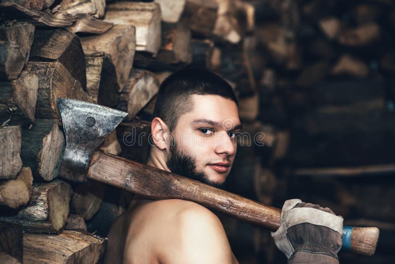 Man with an Ax Near Firewood Stock Stock Image - Image of rural, male ...