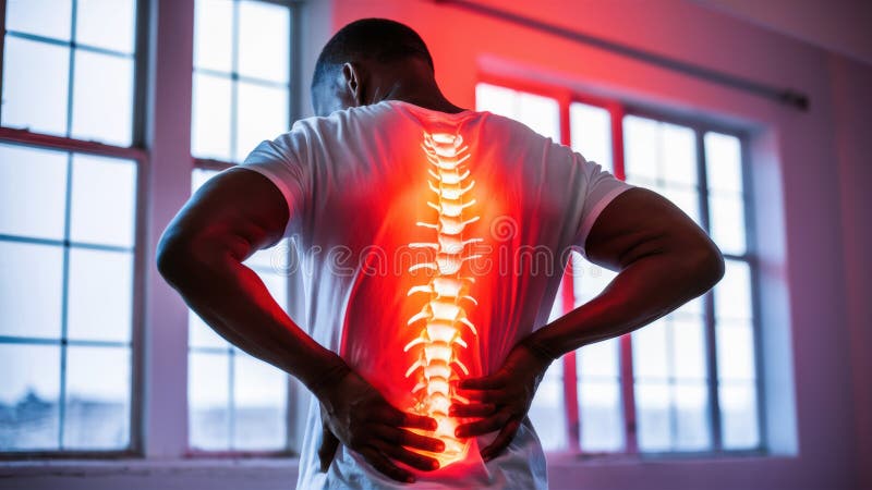 A Man with a Back Injury in the Dark, AI Stock Illustration ...
