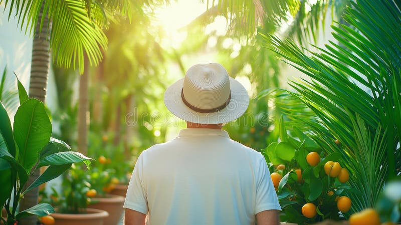 Man Back View Strolling through Lush Tropical Garden with Lemons and ...