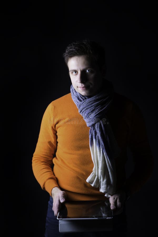 Man on Background Keep Ipad and Looking Stock Photo - Image of ...