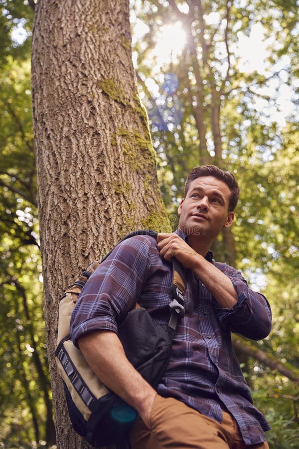 Man with Backpack in Countryside Hiking Along Path through Forest ...