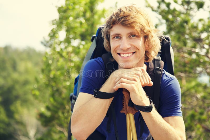 Man with Backpack Hiking in the Mountains Stock Image - Image of ...