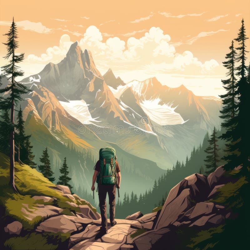 Hiking Across a Painterly Landscape with Mountains Illustration Stock ...