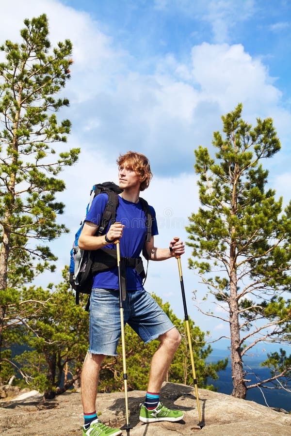Man with Backpack Hiking in the Mountains Stock Photo - Image of male ...