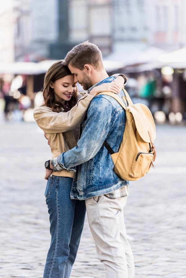 With Backpack Hugging with Beautiful Girlfriend Stock Image - Image of ...