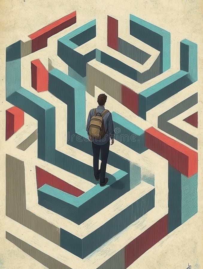 Man Backpack Maze Challenge Difficult Path Decision Journey Red Way ...