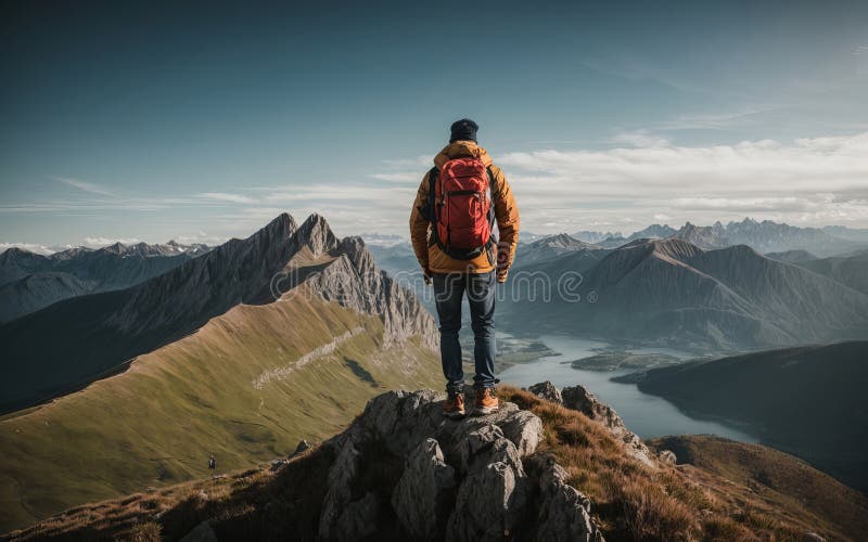 Man with Backpack on Mountain Summit, Enjoying Spectacular View. Stock ...