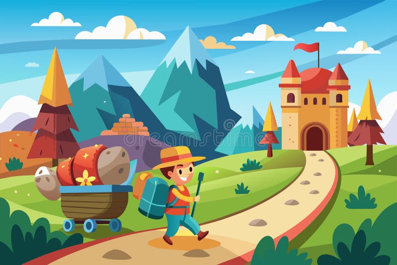 A Man with a Backpack on a Path Leading To a Castle, Journey ...