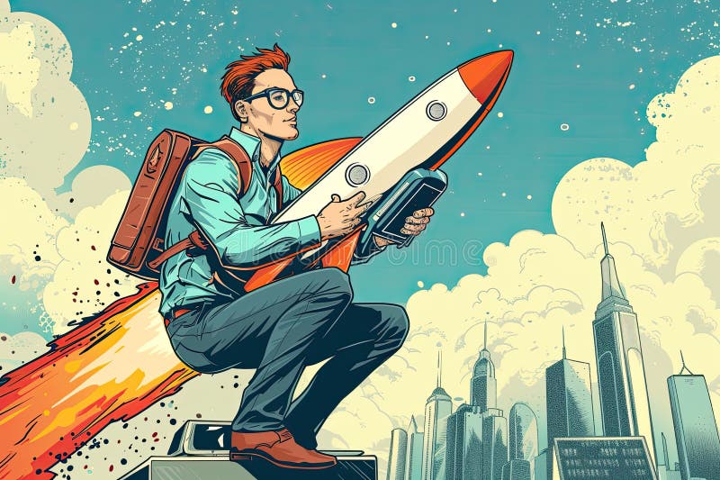 A Man with a Backpack and a Rocket on a Building, an Ambitious ...
