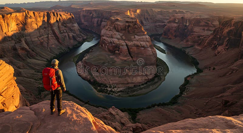 Man with Backpack Standing on Cliff Overlooking Horseshoe Bend at ...