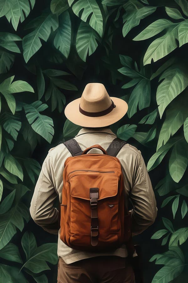 Man with Backpack Standing in Lush Foliage, Exploring the Wilderness ...