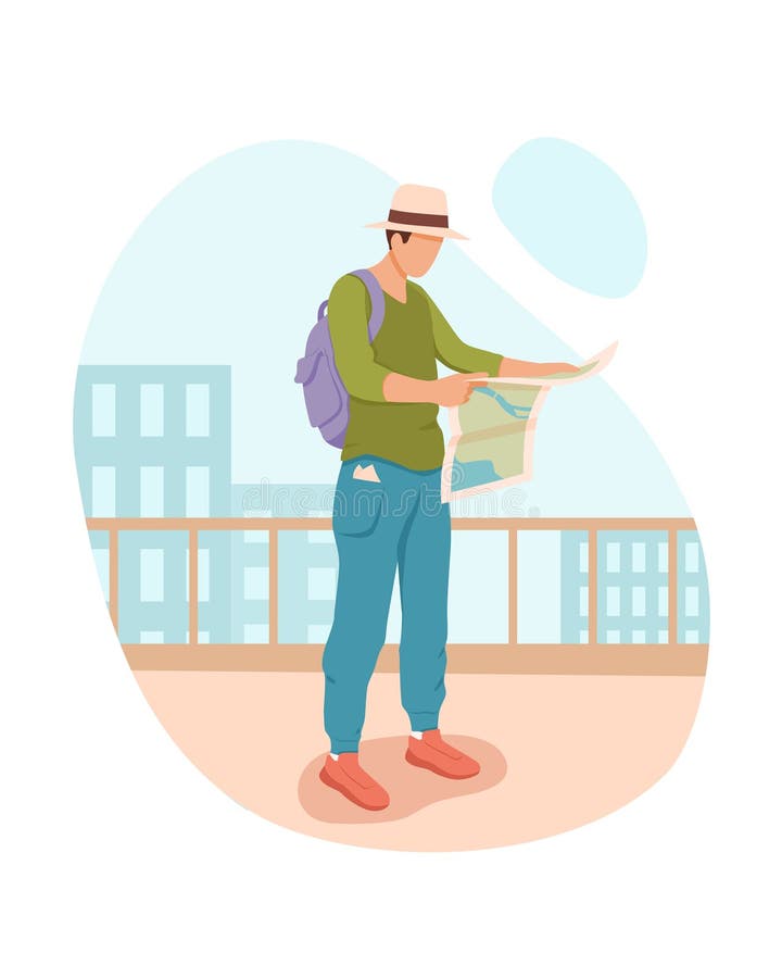 Man with Backpack Standing Outside, Holding Map. Sightseeing Concept ...