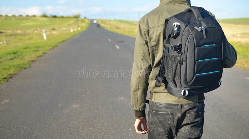 Man with Backpack Standing on the Road Stock Image - Image of catch ...