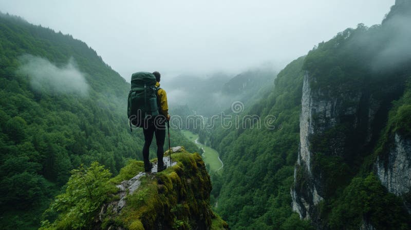 A Man with a Backpack Standing on Top of the Edge of Cliff, AI Stock ...