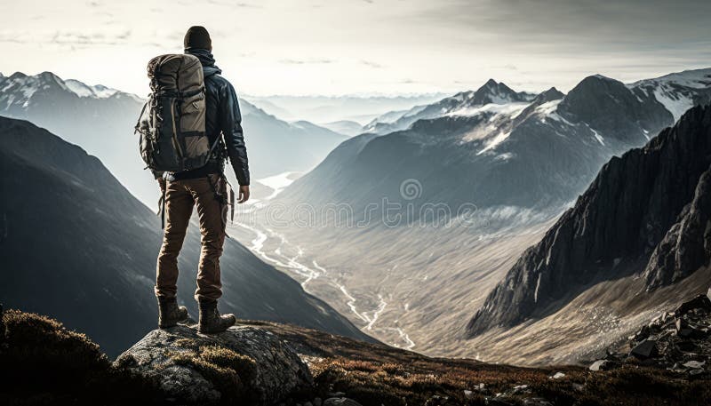 Man with Backpack Standing on Top of Mountain. Generative AI Stock ...
