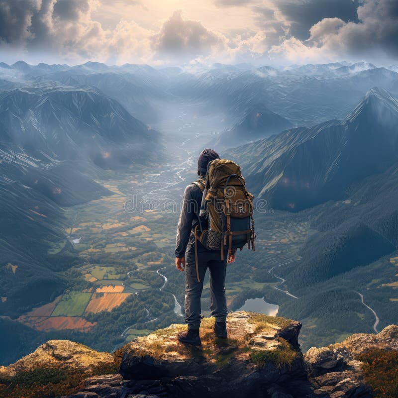 Man with Backpack Standing on the Top of a Mountain Overlooking a ...