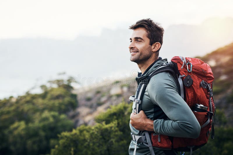 Man, Backpack and Thinking in Nature Forest for Wilderness Experience ...