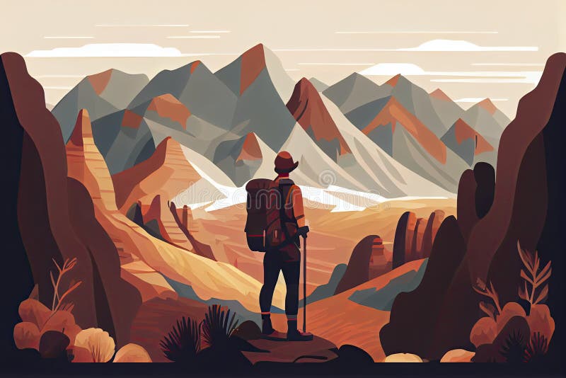 Man with Backpack, Traveller or Explorer Standing on Top of Mountain or ...