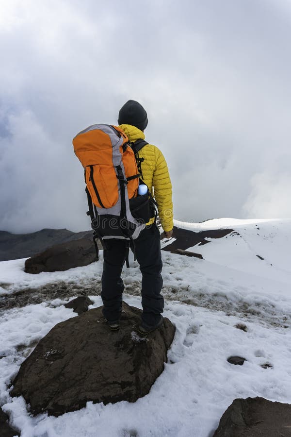 Man with Backpack Trekking in Mountains. Stock Image - Image of rock ...