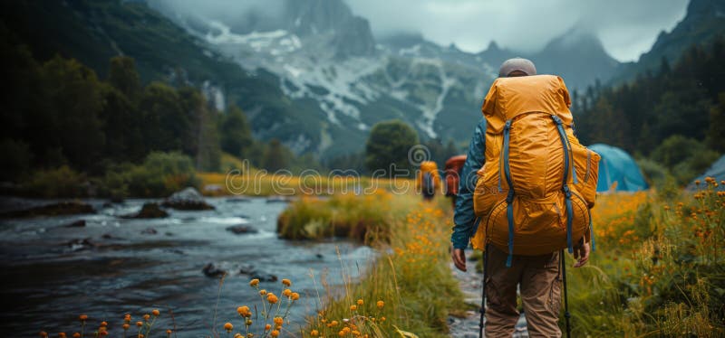 Man Walking Along Stream with Backpack Stock Photo - Image of backpack ...