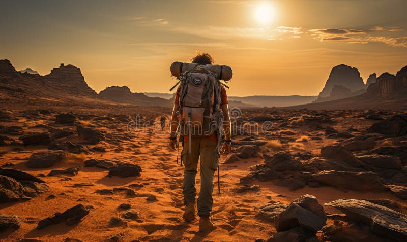 Man with Backpack Walking in Desert Stock Photo - Image of backpack ...
