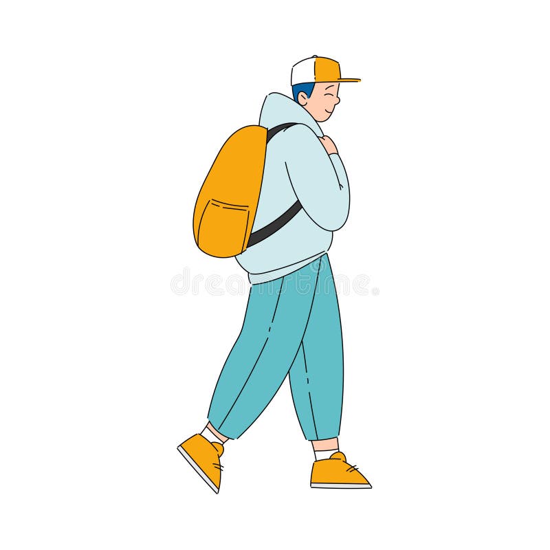 Man with Backpack Walking Looking Far at Something Interesting Vector ...