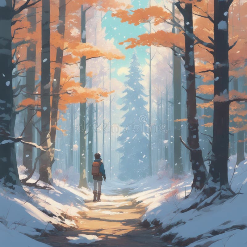 Man with Backpack Walking through Snowy Forest, Drawing Made by AI ...
