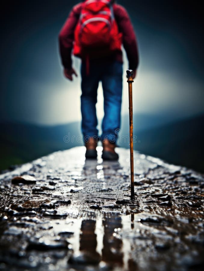 A Man with a Backpack and Walking Stick on a Bridge. Generative AI ...