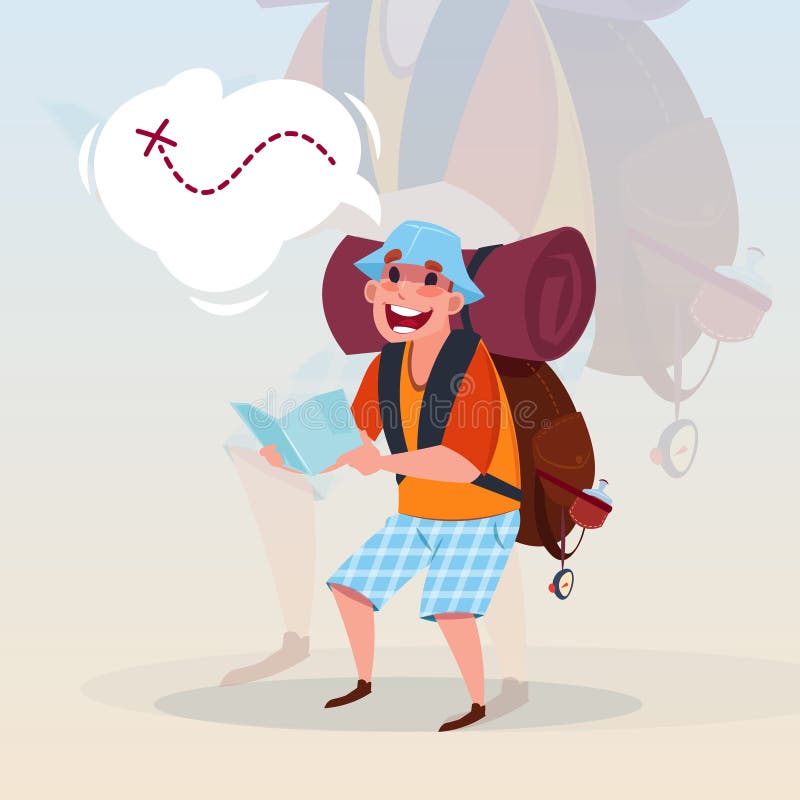 Man Backpacker Holding Map Traveler Hiling on Adventure Vacation ...