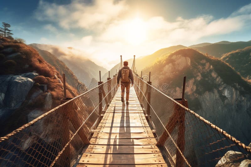 A Man with Bagpack Walking on the Hanging Wood Bridge Stock Photo ...