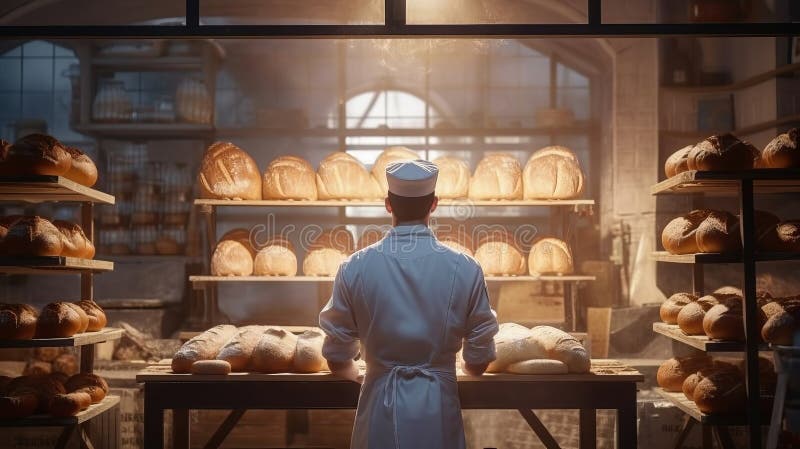 Man Baker in Bakery Shop Back View. Generative AI. Stock Illustration ...