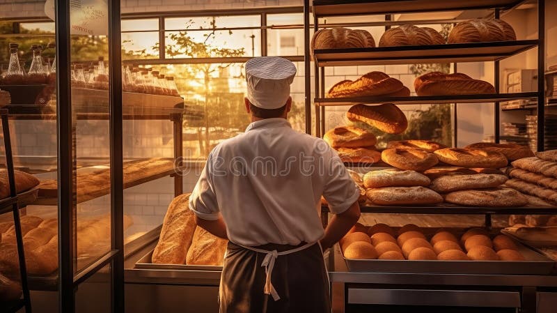 Man Baker in Bakery Shop Back View. Generative AI. Stock Illustration ...