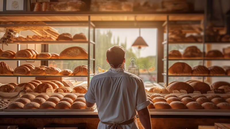 Man Baker in Bakery Shop Back View. Generative AI. Stock Illustration ...