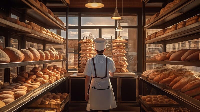 Man Baker in Bakery Shop Back View. Generative AI. Stock Illustration ...