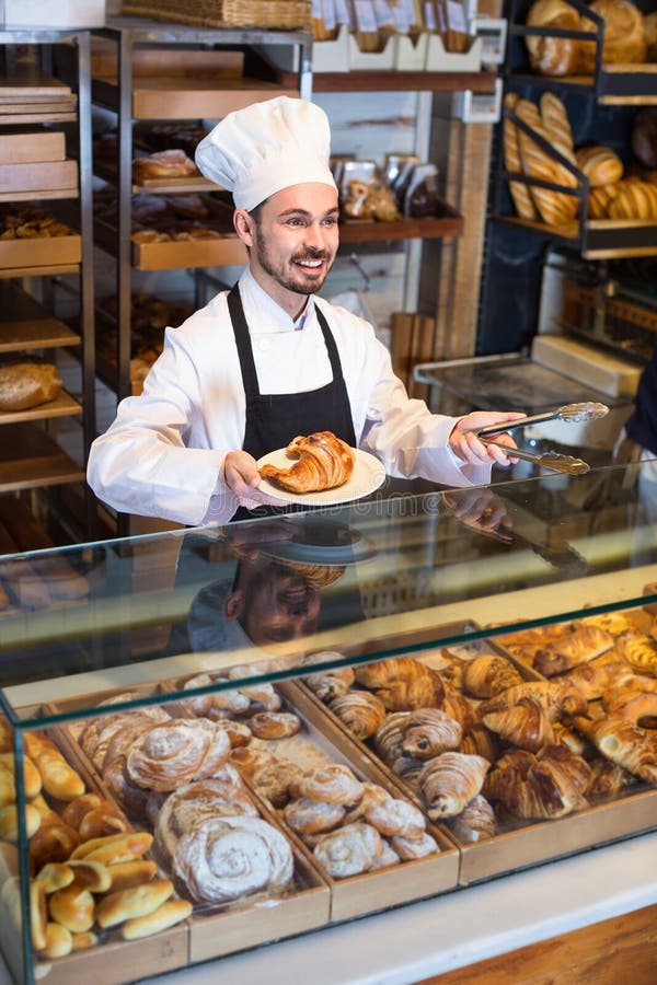 Man Baker Showing Warm Tasty Croissant Stock Image - Image of ...
