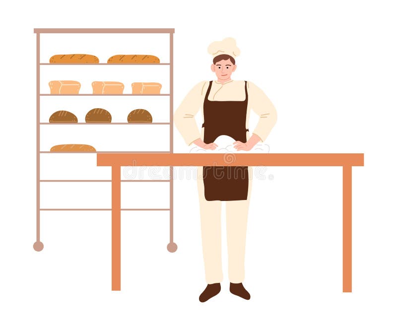 Man Baker Standing and Making Dough for Baking Bread Vector ...
