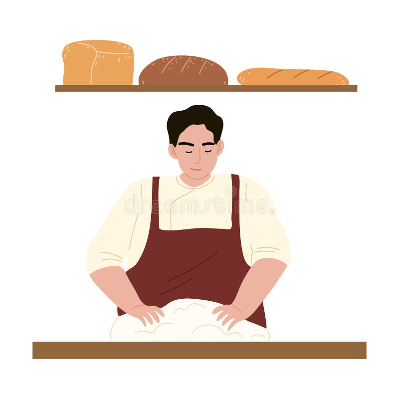 Man Baker Standing and Making Dough for Baking Bread Vector ...