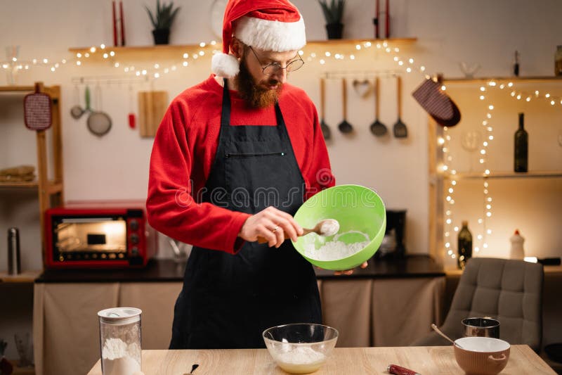 Man Baking in Kitchen, Pouring Flour for Gingerbread Cookie Dough for ...