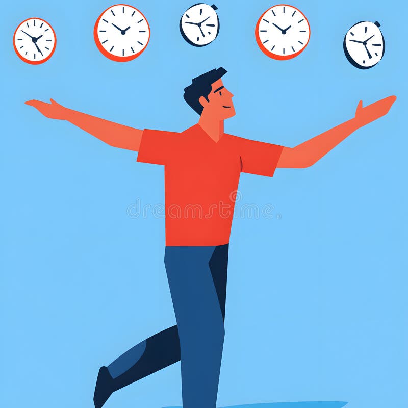 Man Balancing Clocks, Symbolizing Time Management Stock Illustration ...