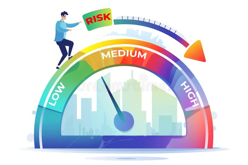 Man Balancing on a Risk Meter Gauge from Low To High, Representing ... Man Balancing on a Risk Meter Gauge from Low To High, Representing ...