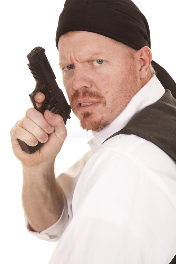 Man Bandana on Head Gun Close Look Smirk Stock Image - Image of agent ...