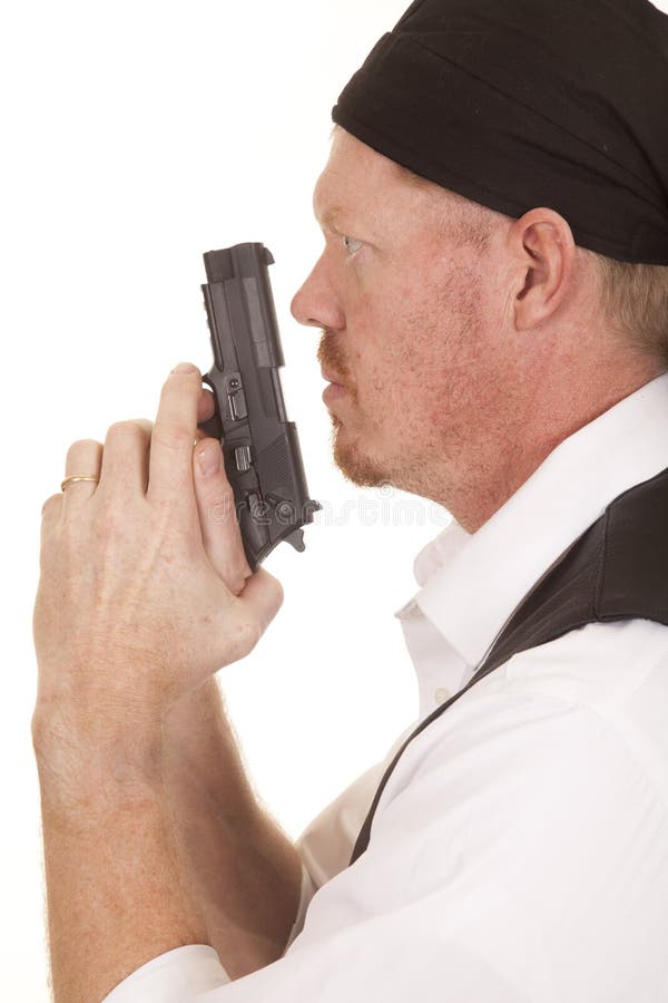 Man Bandana on Head Gun Close Profile Stock Image - Image of crime ...