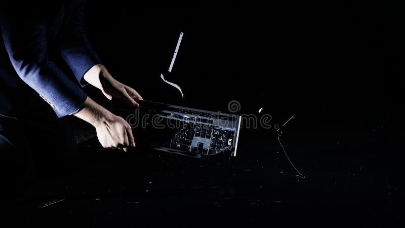 Man Banging and Hitting Computer Keyboard on a Hard Floor, Slow Motion ...