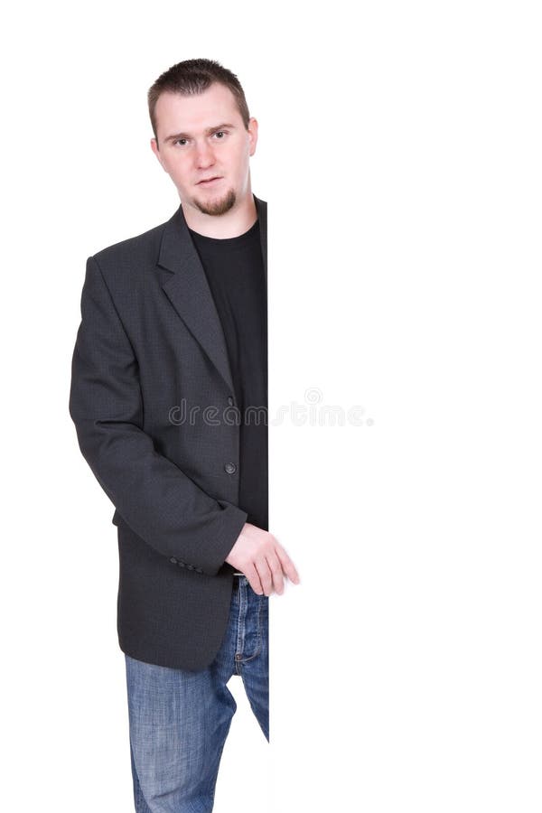 Man with banner stock photo. Image of panel, happy, cardboard - 12651392